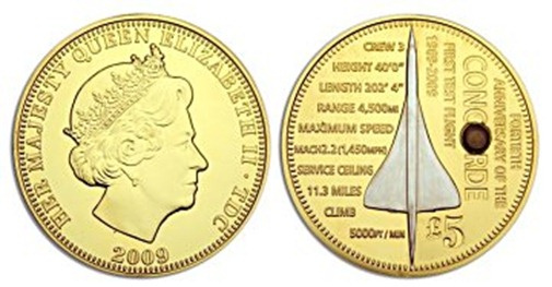 2009 Tristan da Cunha Large Gold plated 5 pounds -Concorde-w/piece of ...