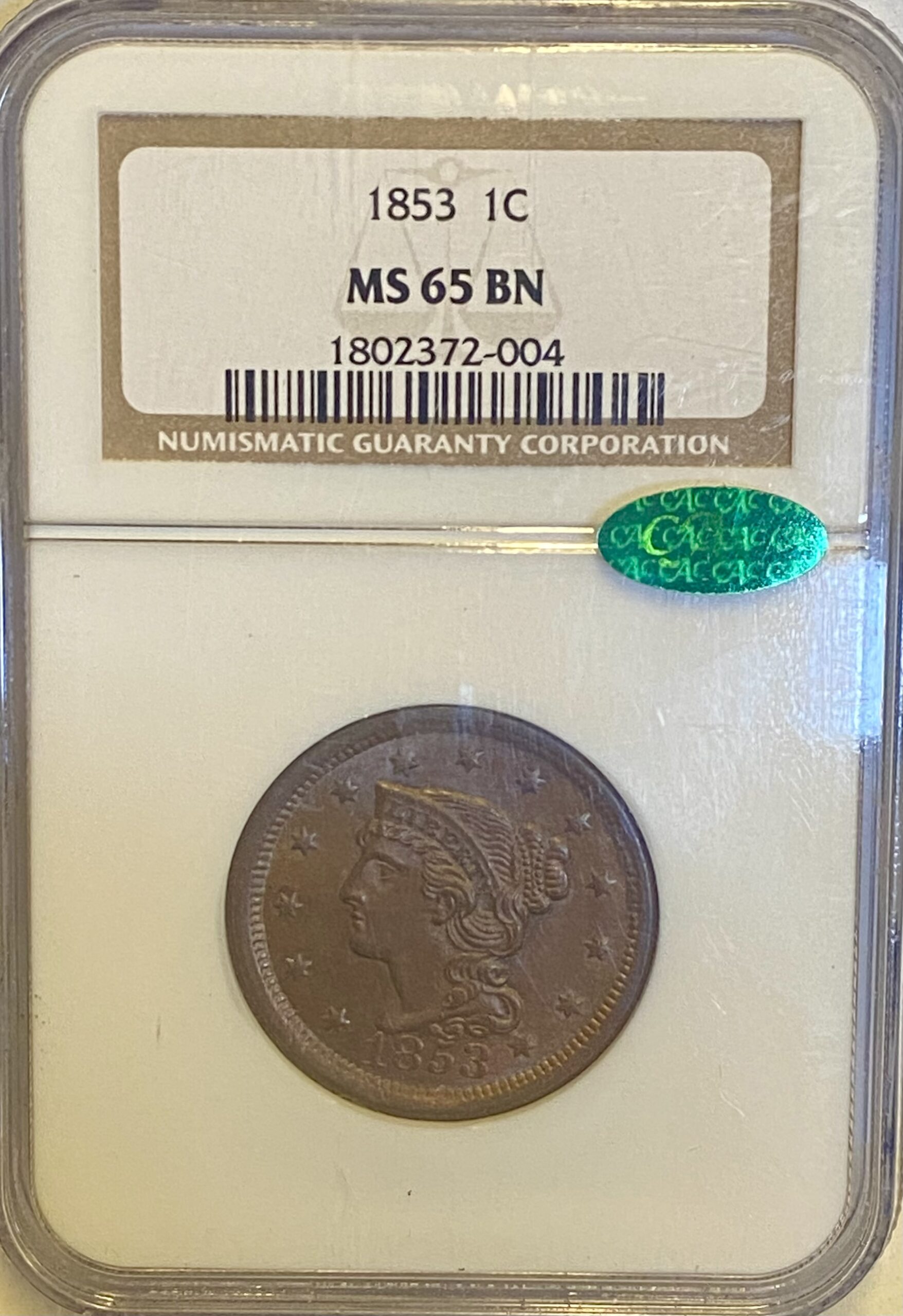 1853 MS65 BN CAC - Scarsdale Coin