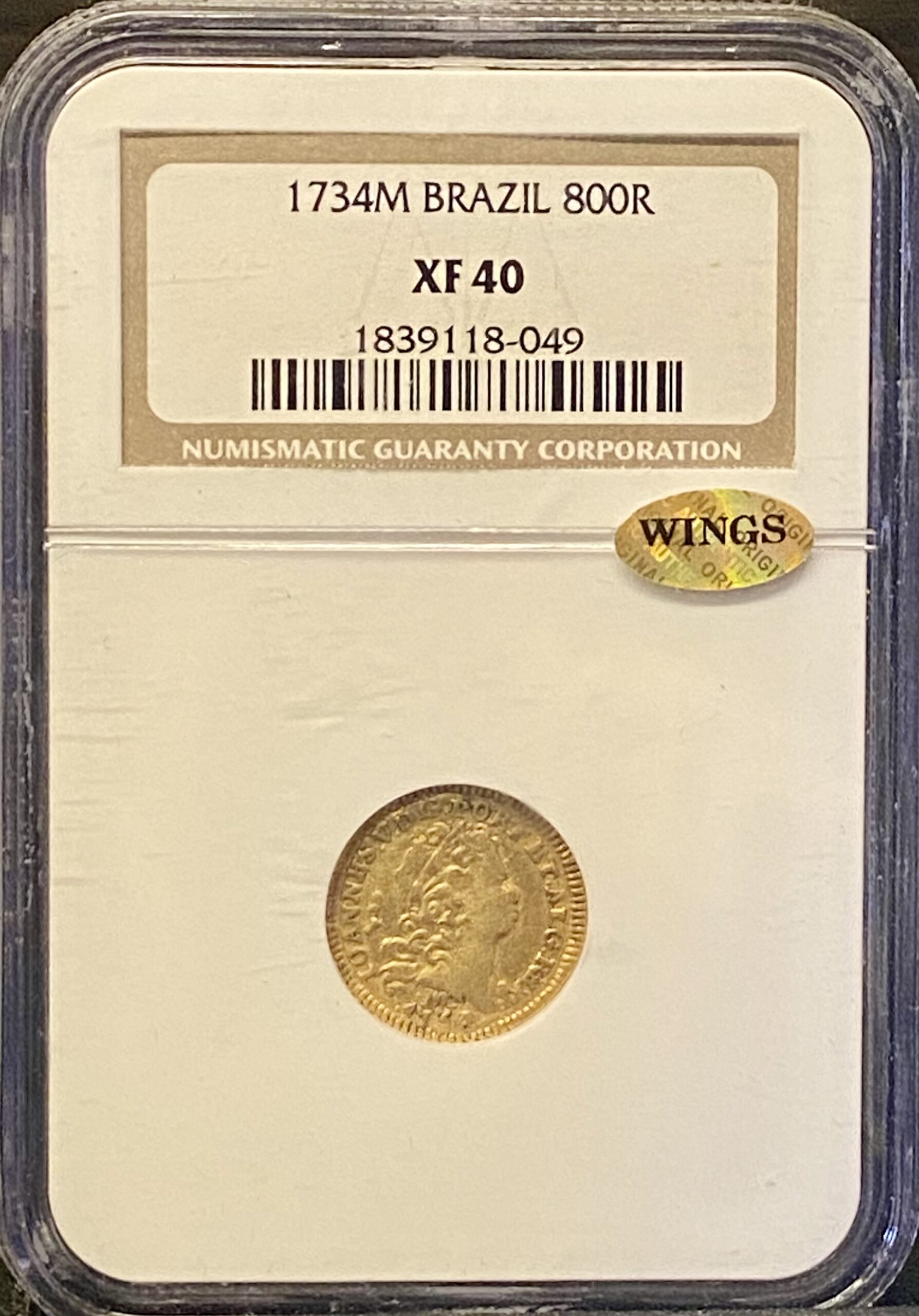 1734-M Brazil 800 Réis, XF40 NGC Gold Wings Sticker - Scarsdale Coin