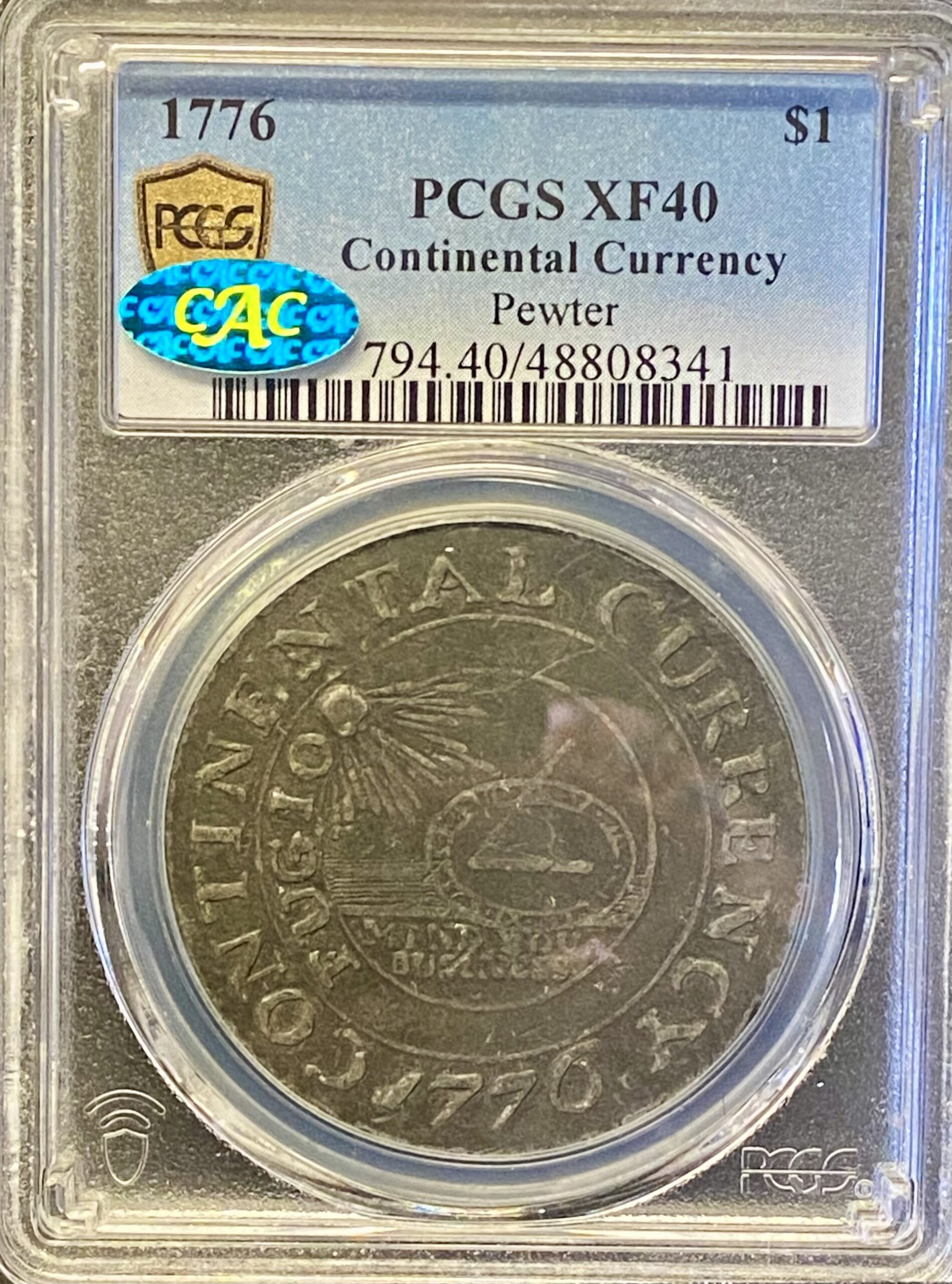 1776 PCGS XF40 Continental Currency Pewter CAC - Scarsdale Coin